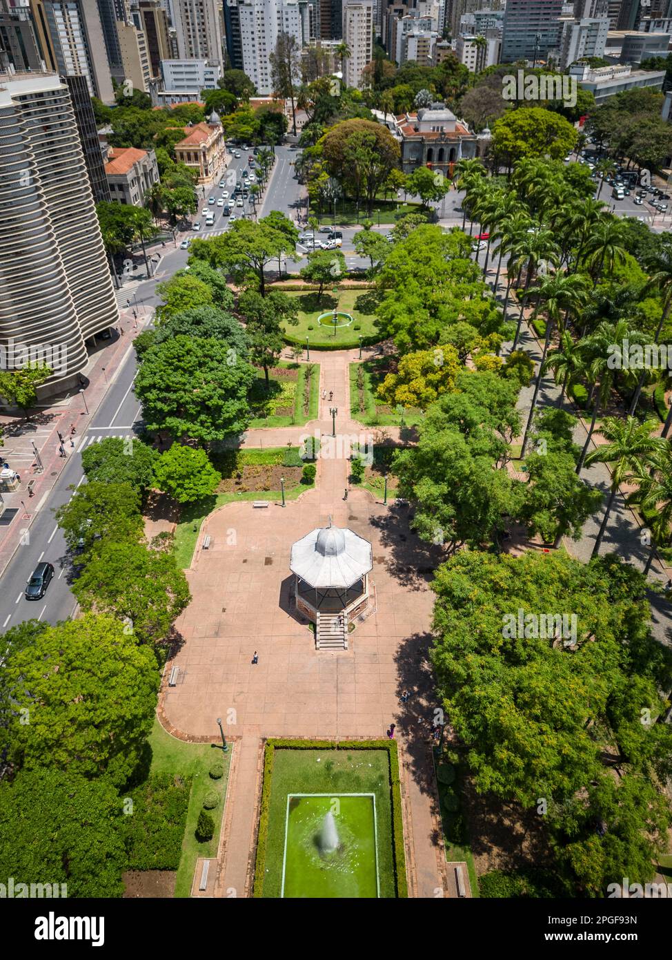 Beautiful drone view to historic buildings and green public square ...