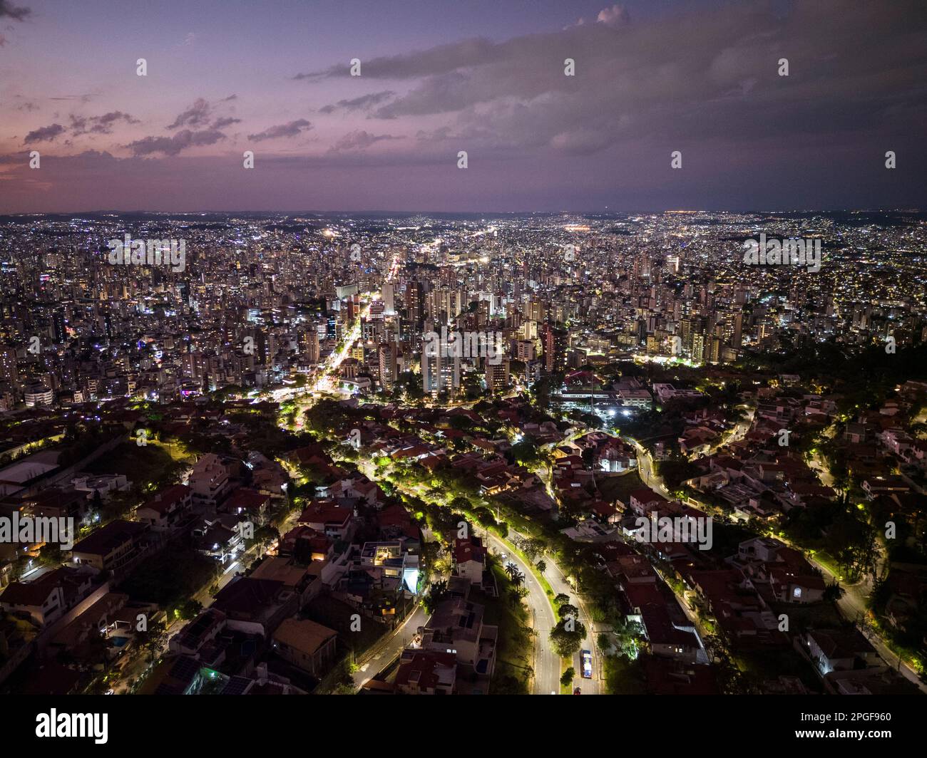 Beautiful drone view to houses and public street lights at night Stock ...
