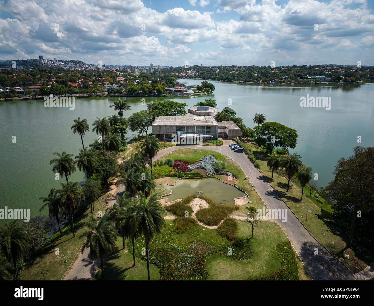 Beautiful drone view to modern museum building near lake on green area ...