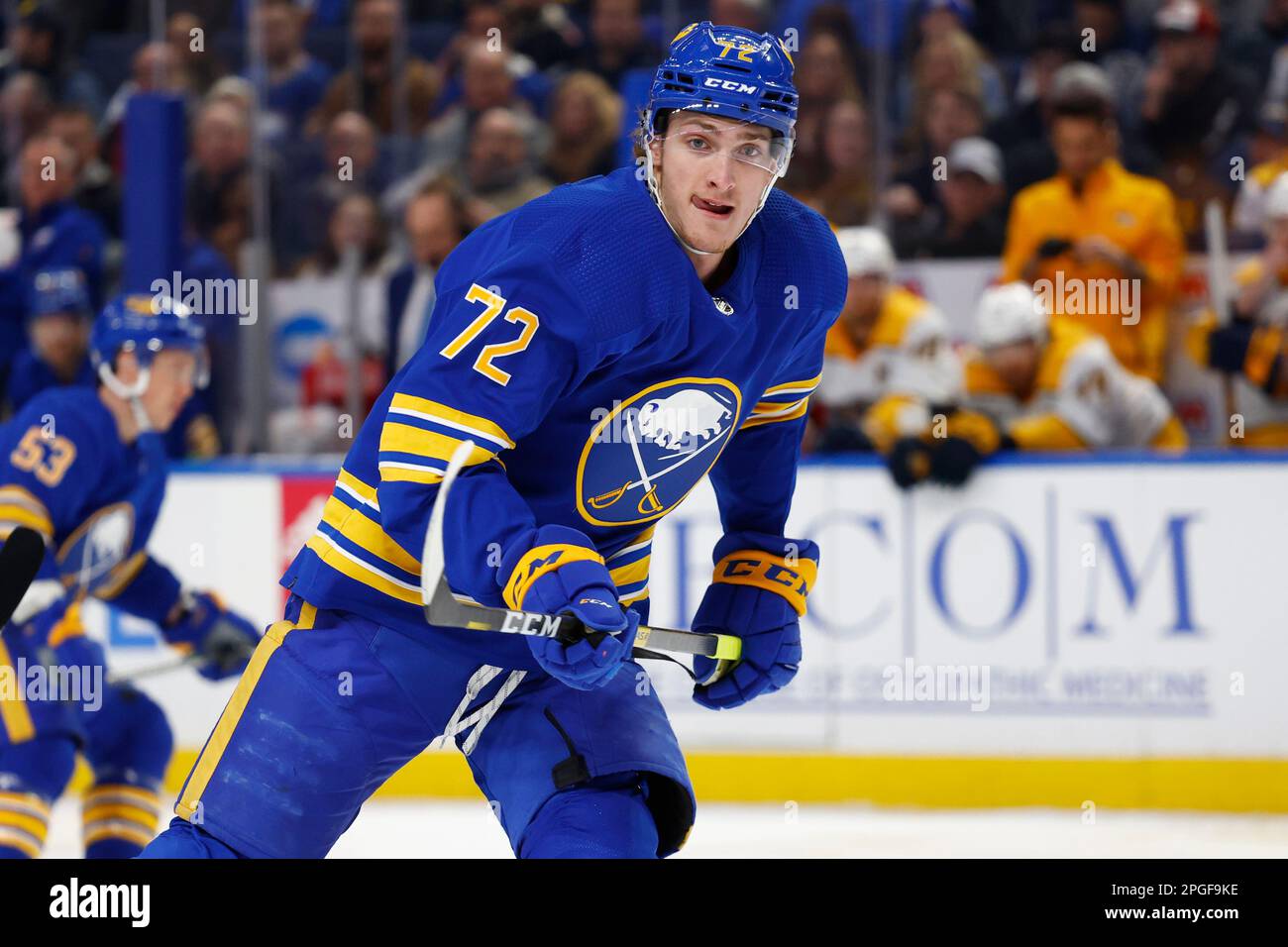 Buffalo Sabres center Tage Thompson (72) skates into the zone during ...