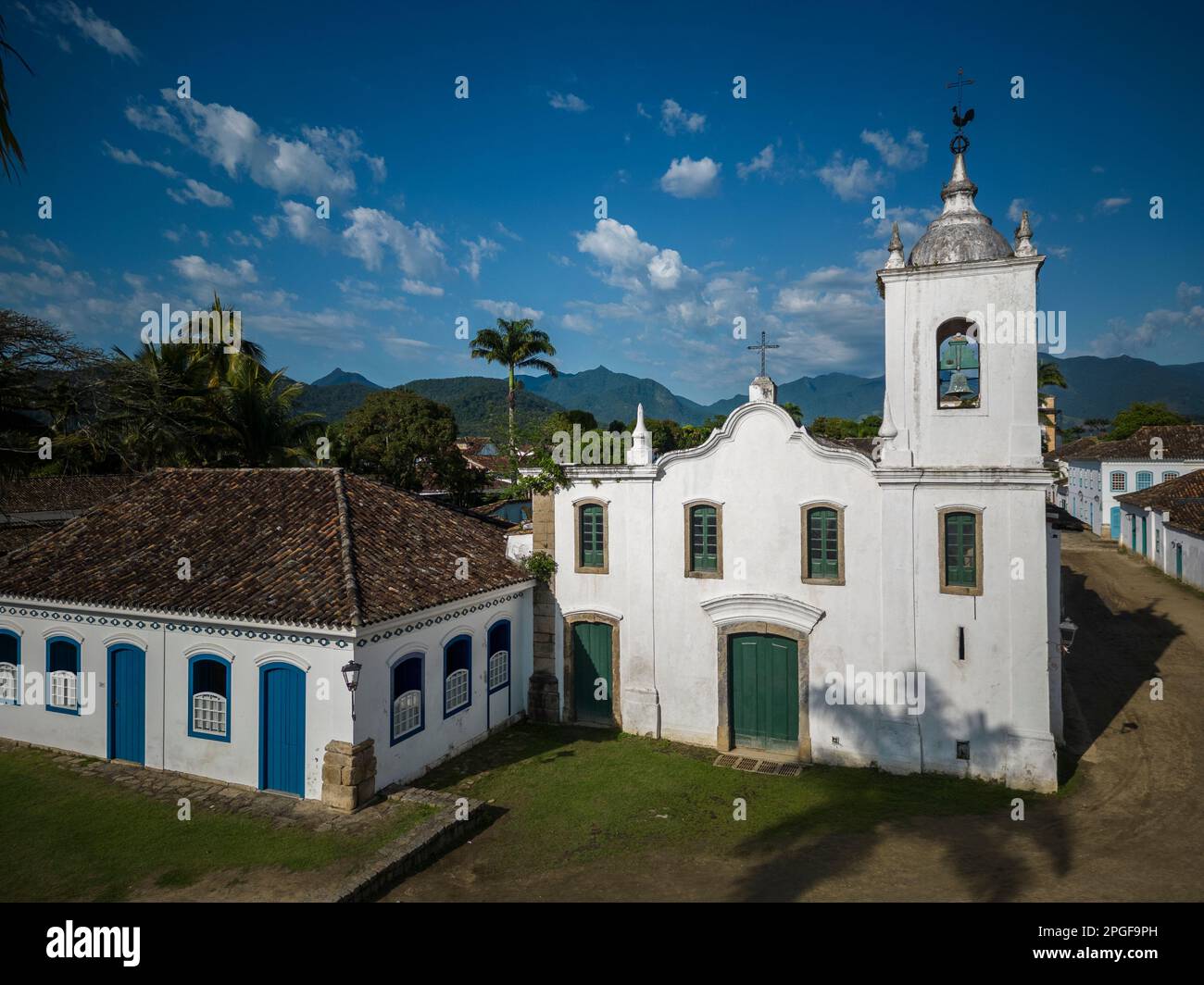 Beautiful view to old historic church building in small colonial town ...