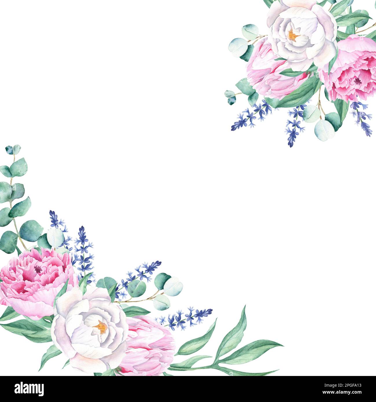Watercolor frame, pink and white peonies, eucalyptus and lavender ...