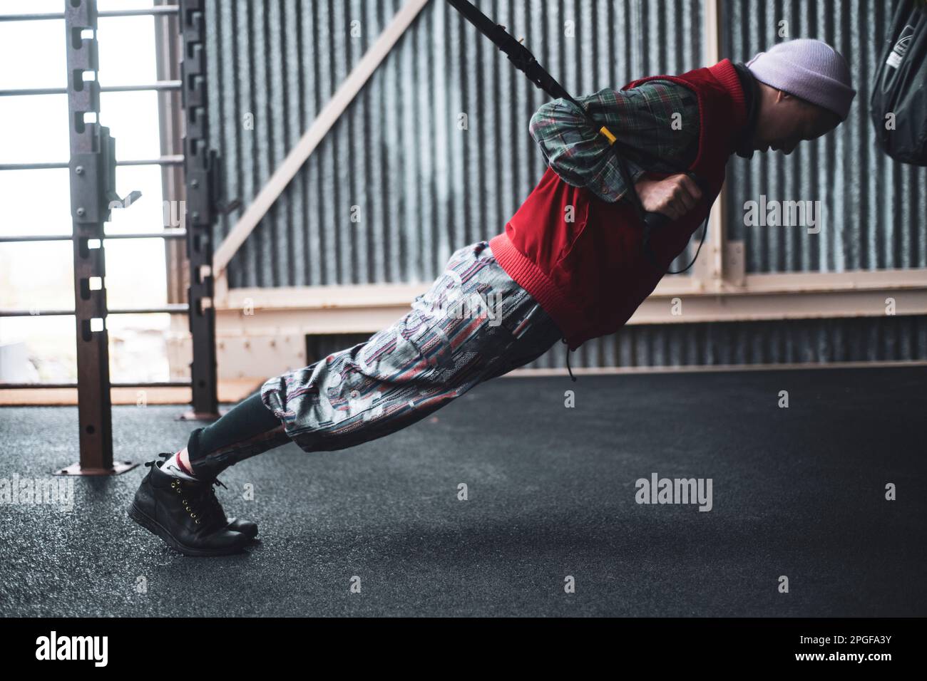 person works out in cold outdoor boxing gym in remote scotland Stock ...