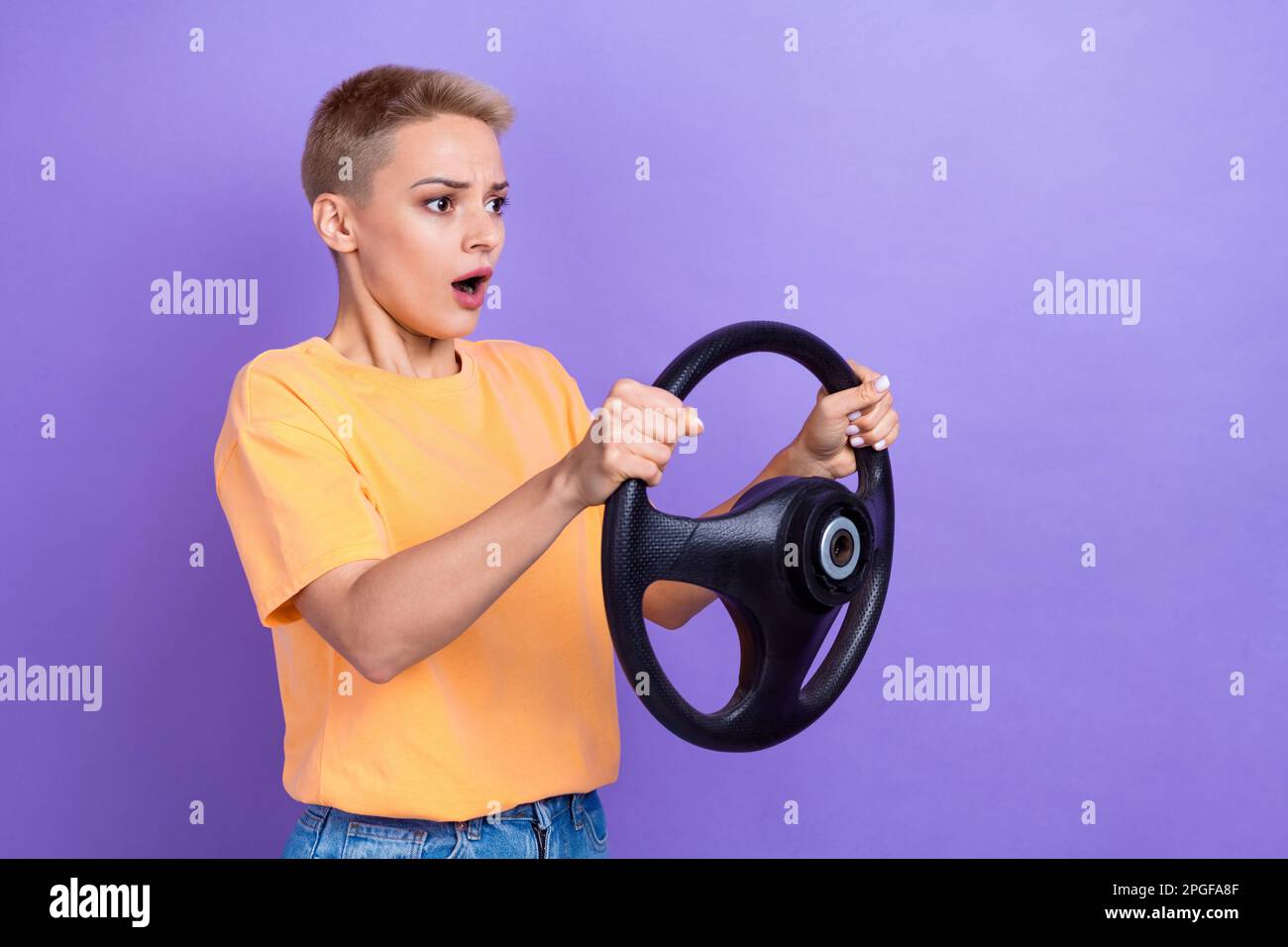 Photo of impressed speechless person open mouth look empty space hands ...