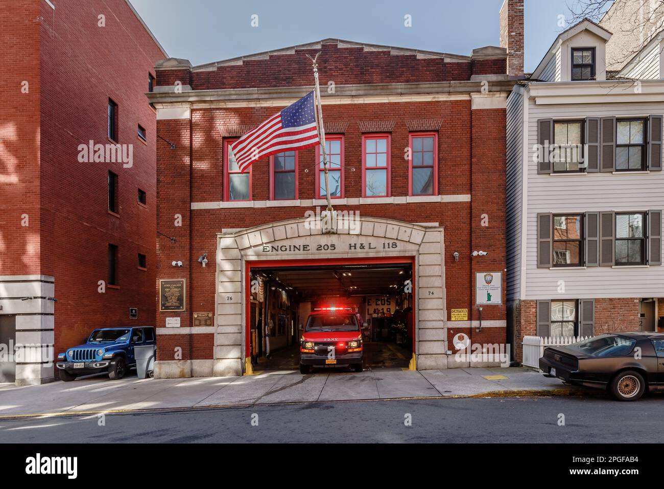 Brooklyn, New York, USA - February 11, 2023: Engine 205 fire station H ...