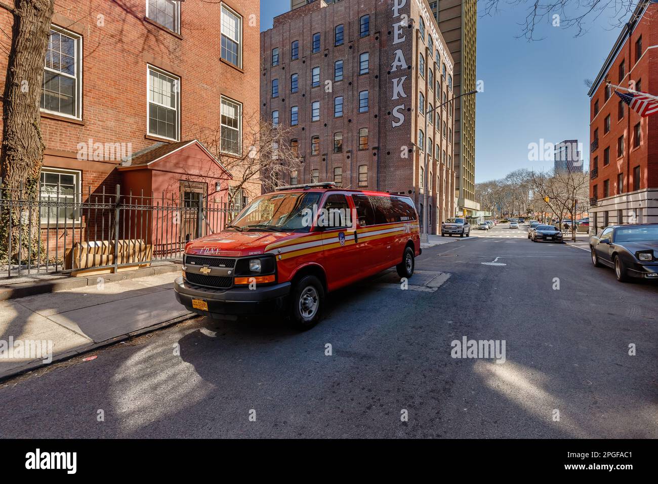 Brooklyn, New York, USA - February 11, 2023: FDYN fire engines in front ...