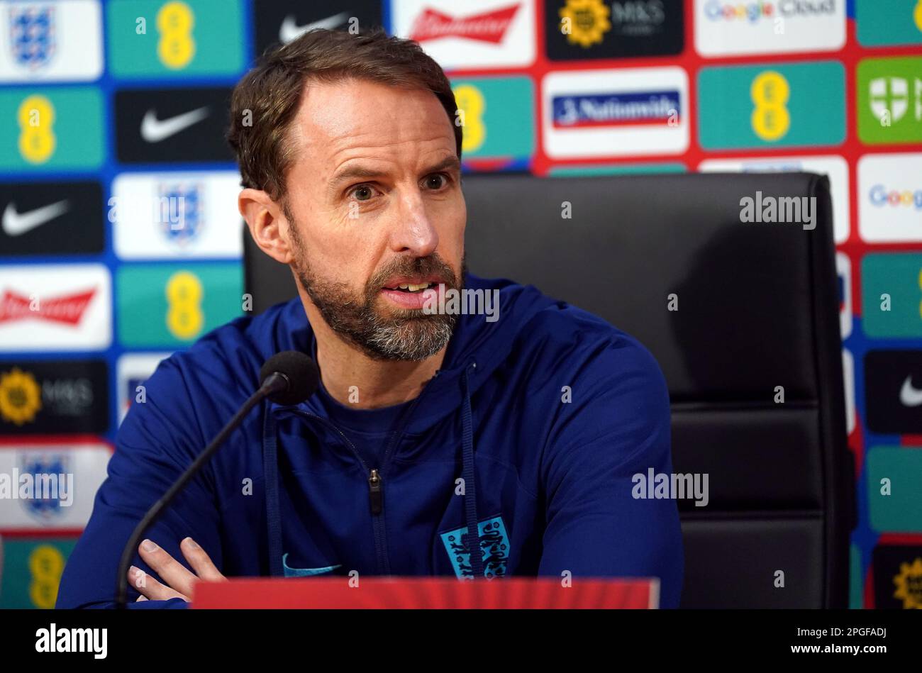 England manager Gareth Southgate during a press conference at the Diego ...