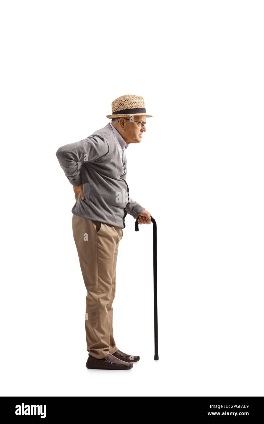 Full length profile shot of an elderly man holding his painful back ...