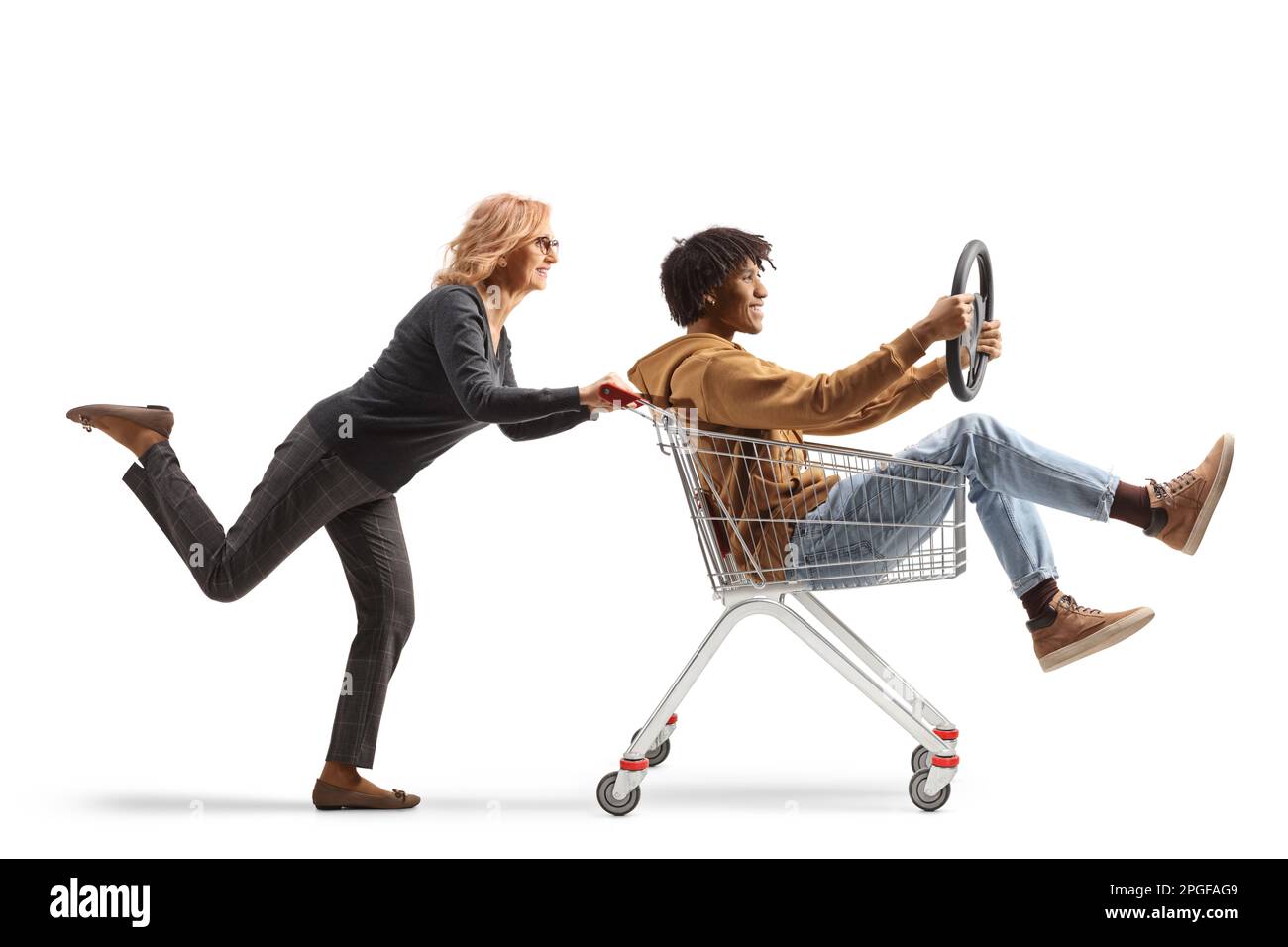 Woman pushing a young african american man inside a shopping cart ...