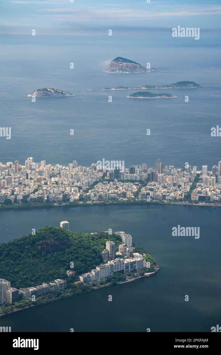 View from Corcovado Mountain to city buildings, lagoon and ocean Stock ...