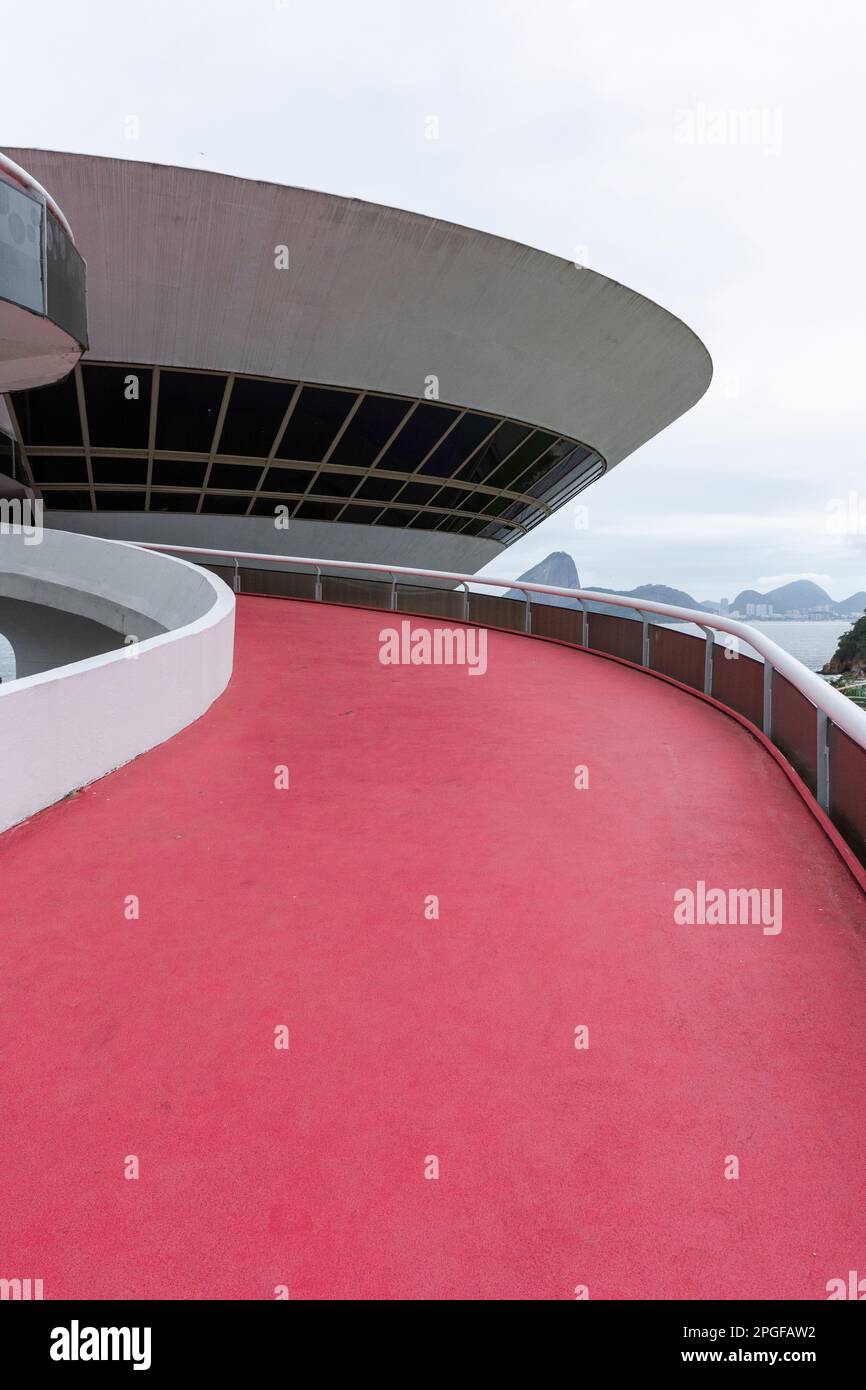 Beautiful view to red ramp in modern architecture museum MAC Stock ...