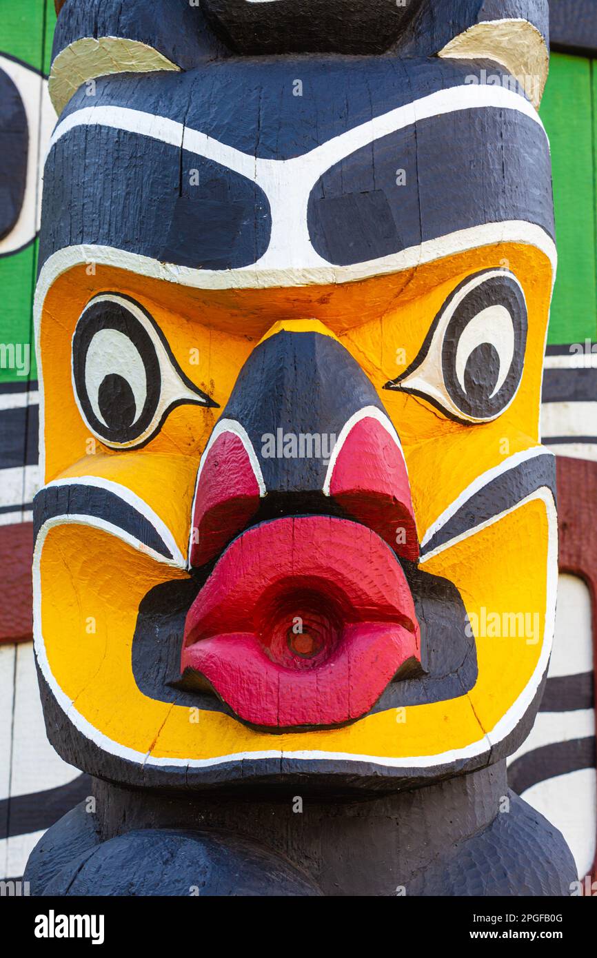 Abstract view of a totem pole on the grounds of the BC Provincial ...