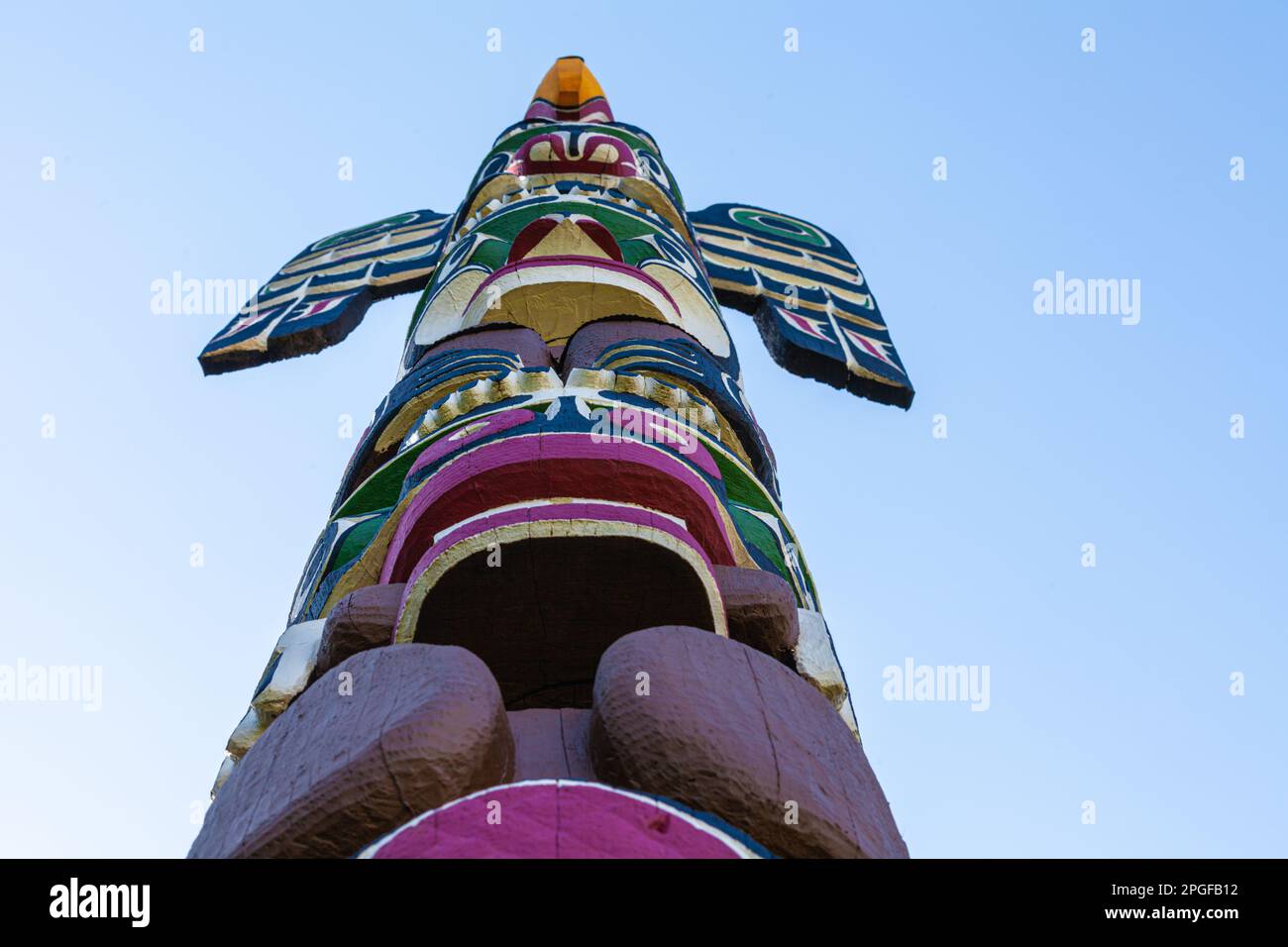 View of the upper section of a totem pole on the grounds of the BC ...
