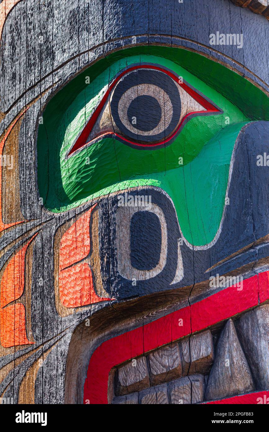 Abstract view of a totem pole on the grounds of the BC Provincial ...