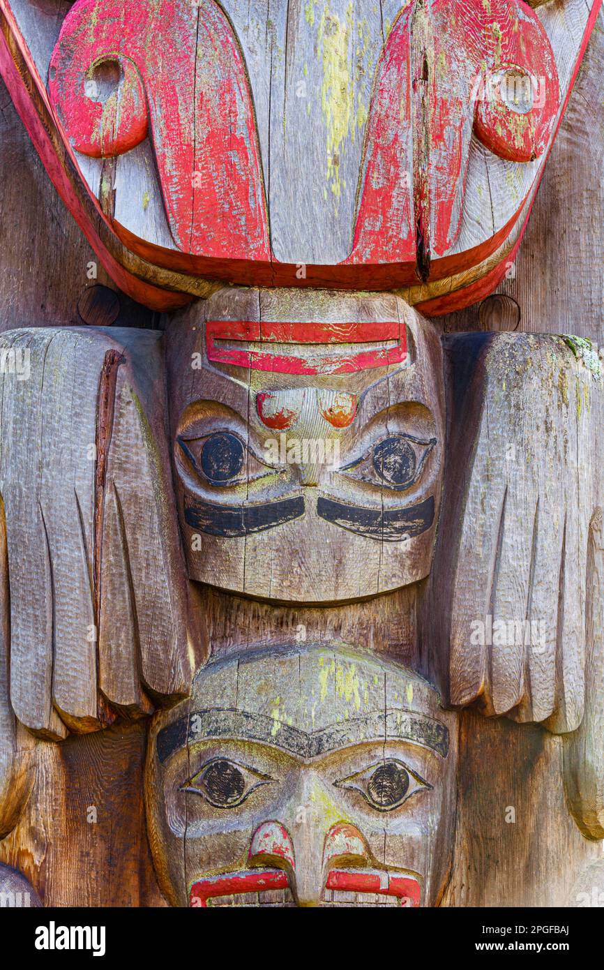 Abstract view of a totem pole on the grounds of the BC Provincial ...