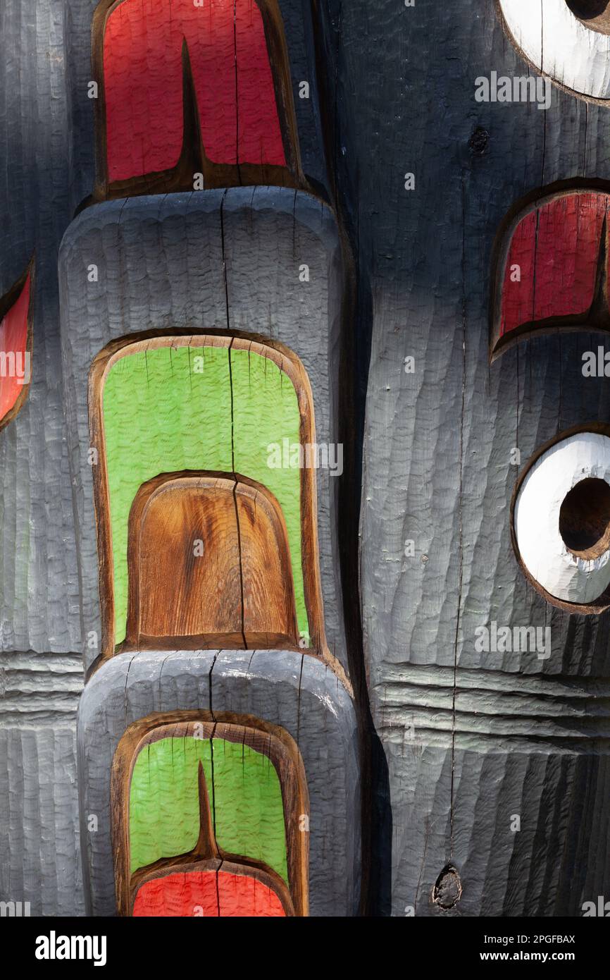 Abstract view of a totem pole on the grounds of the BC Provincial ...