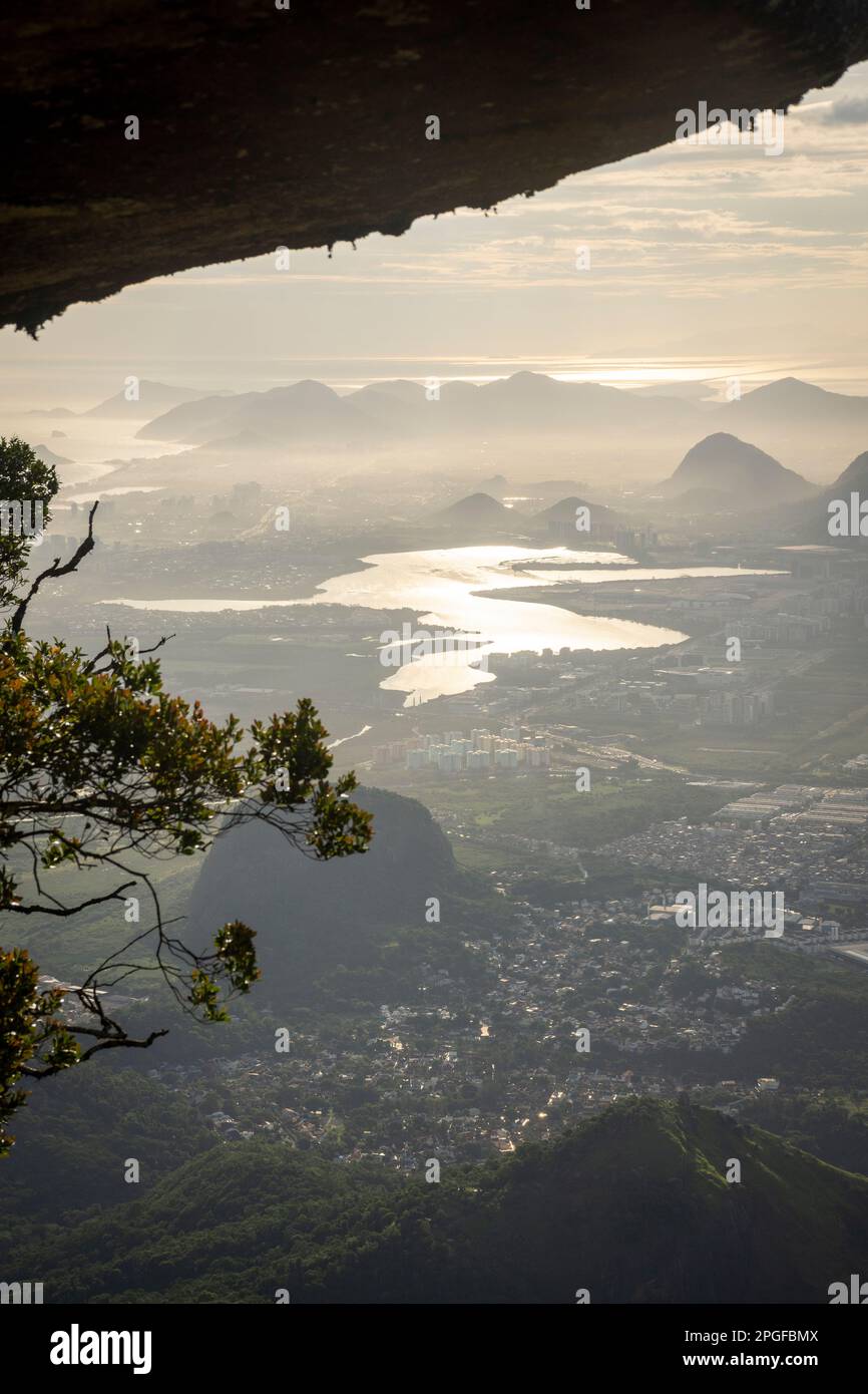 Beautiful sunset view to city lake and mountains from Bico do Papagaio ...