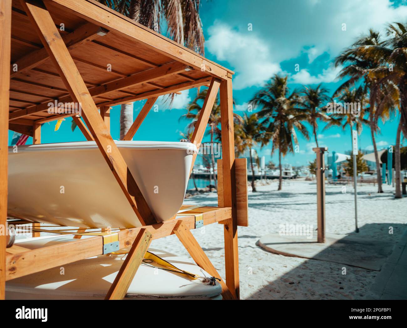 lounge chairs on the beach luxury boat palms tropical Stock Photo - Alamy