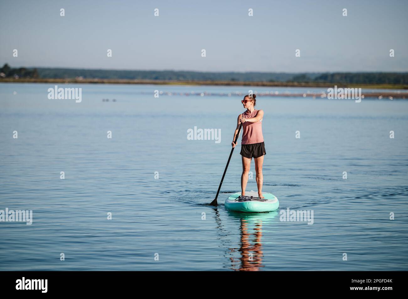 Woman paddleboarding ocean coastline hi-res stock photography and ...