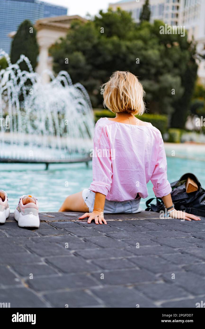 girl in Las Vegas venice in miniature. Woman in the fountain Stock ...