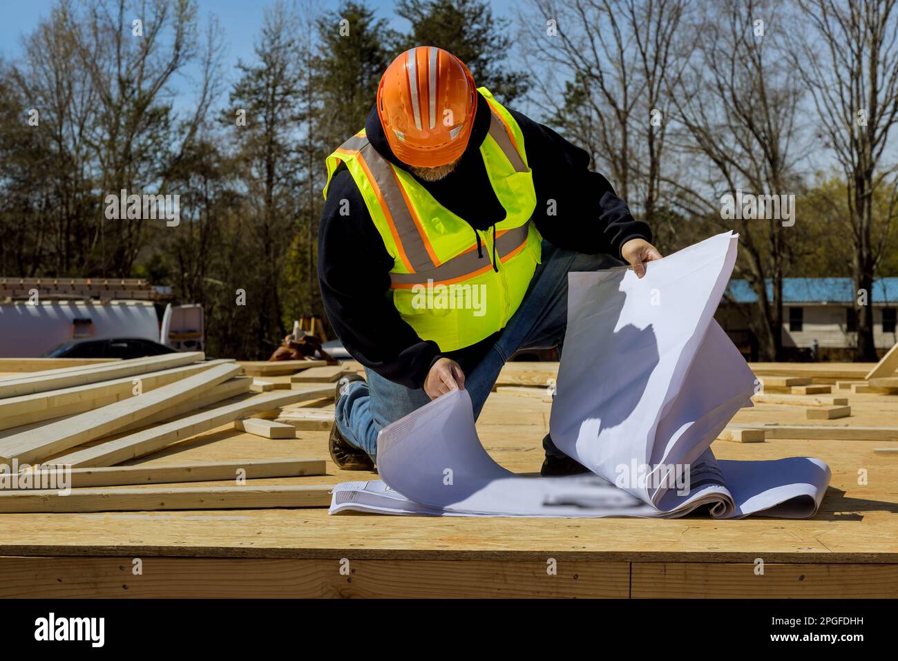 During construction process architectural engineer checks quality being ...