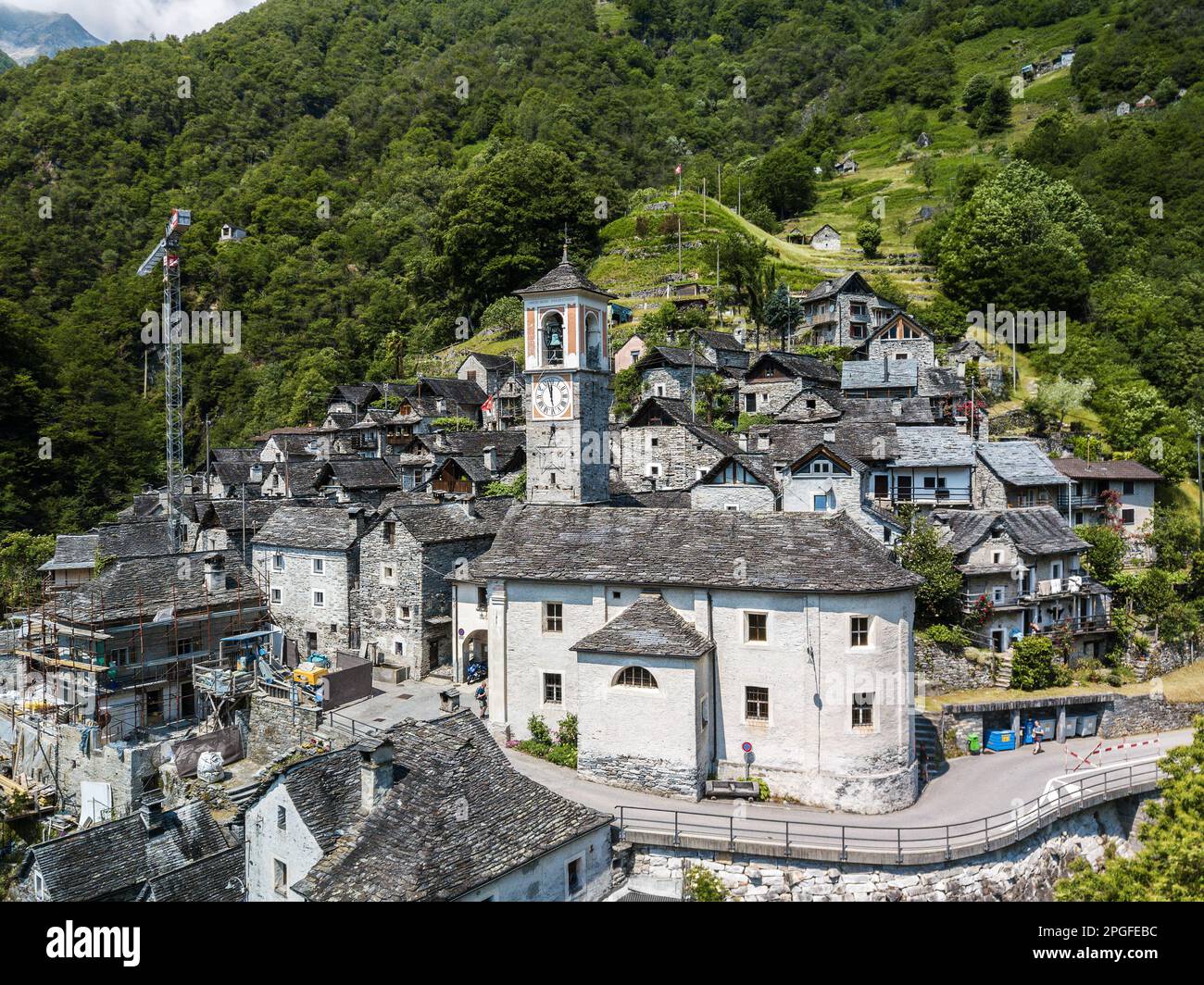 Aerial image with drone of the mountain village Corippo - the smallest ...