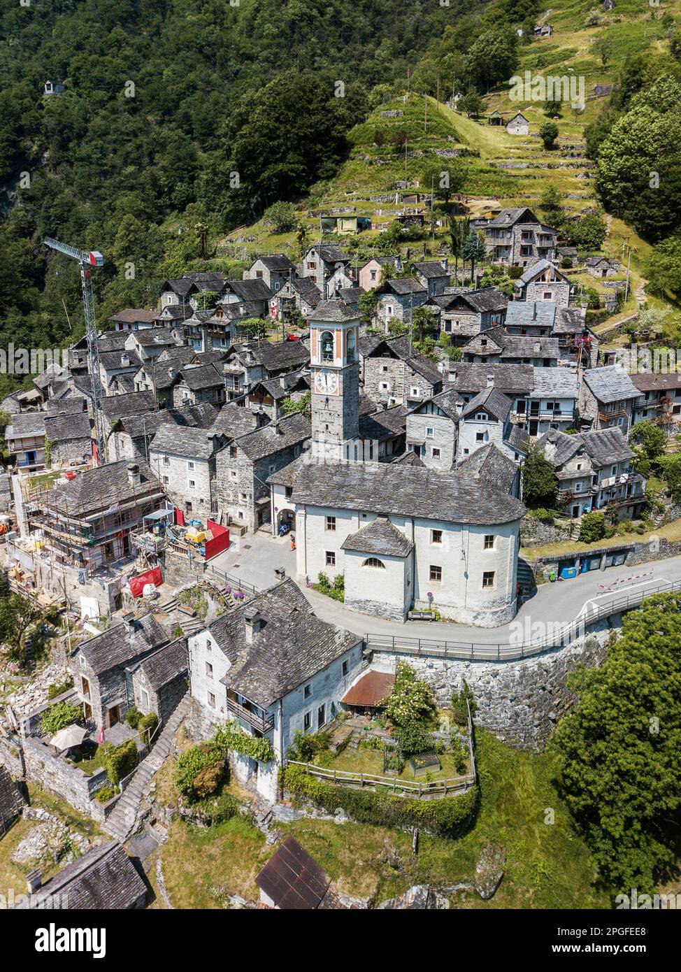 Aerial image with drone of the mountain village Corippo - the smallest ...