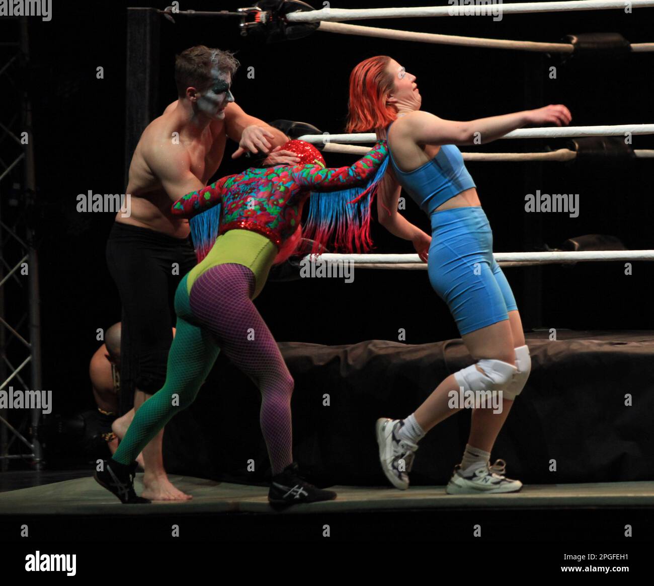 London, UK. Cara Noir (blue face) in Max and Ivan’s The Wrestling. Just ...
