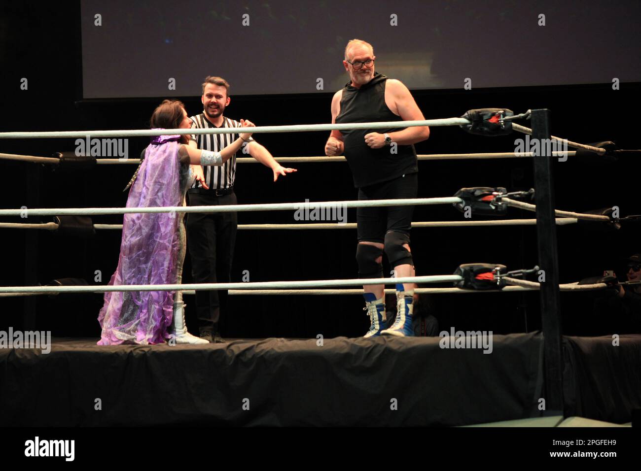 London, UK. Greg Davies and Rosie Jones with Iain Stirling in Max and ...
