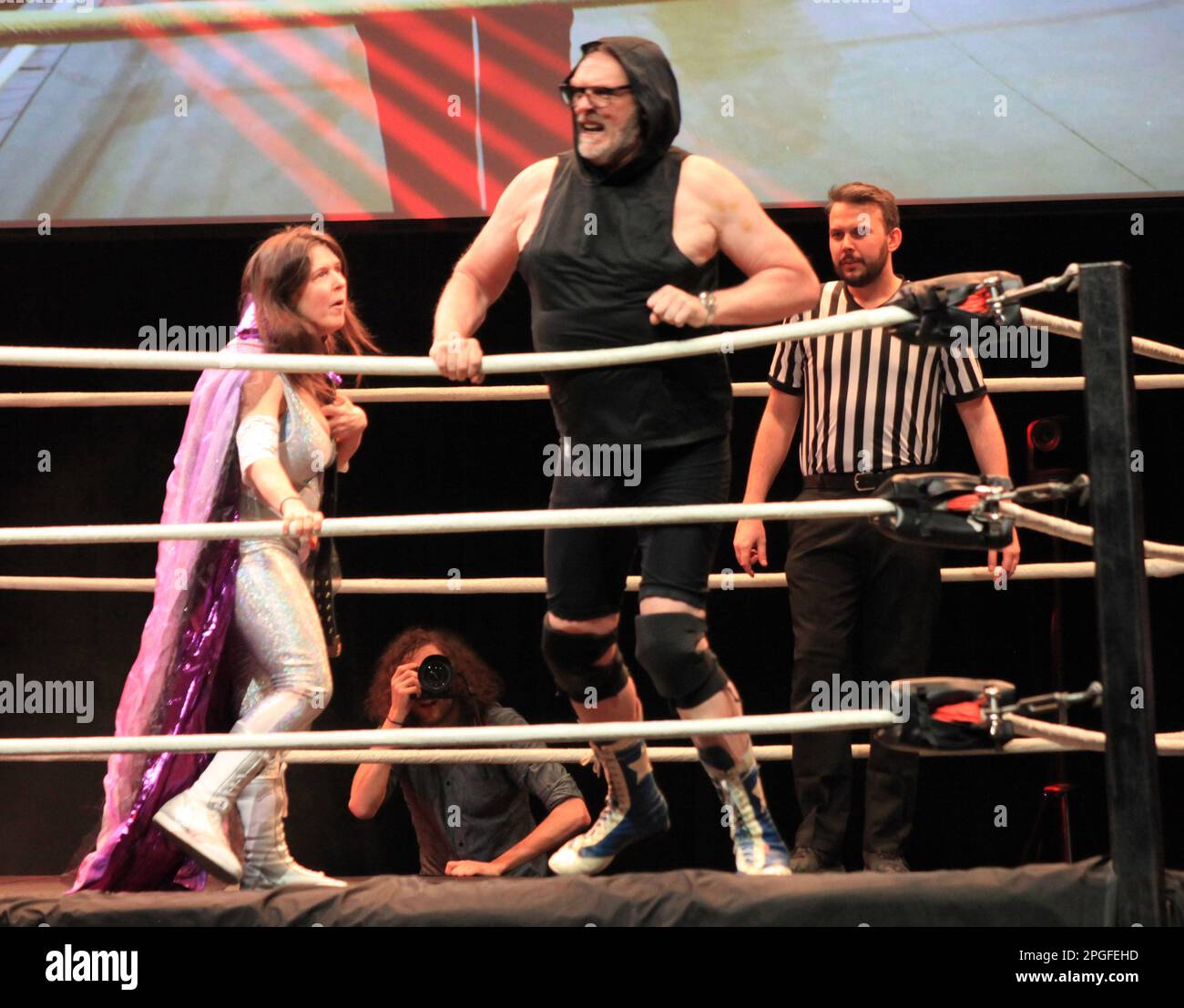 London, UK. Greg Davies and Rosie Jones with Iain Stirling in Max and ...