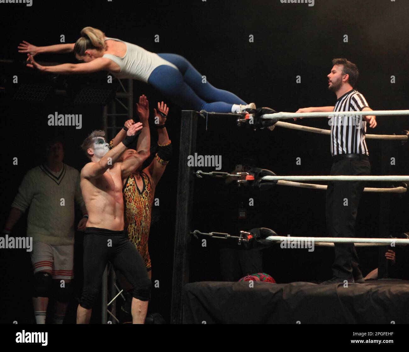 London, UK. Cara Noir (blue face) in Max and Ivan’s The Wrestling. Just ...