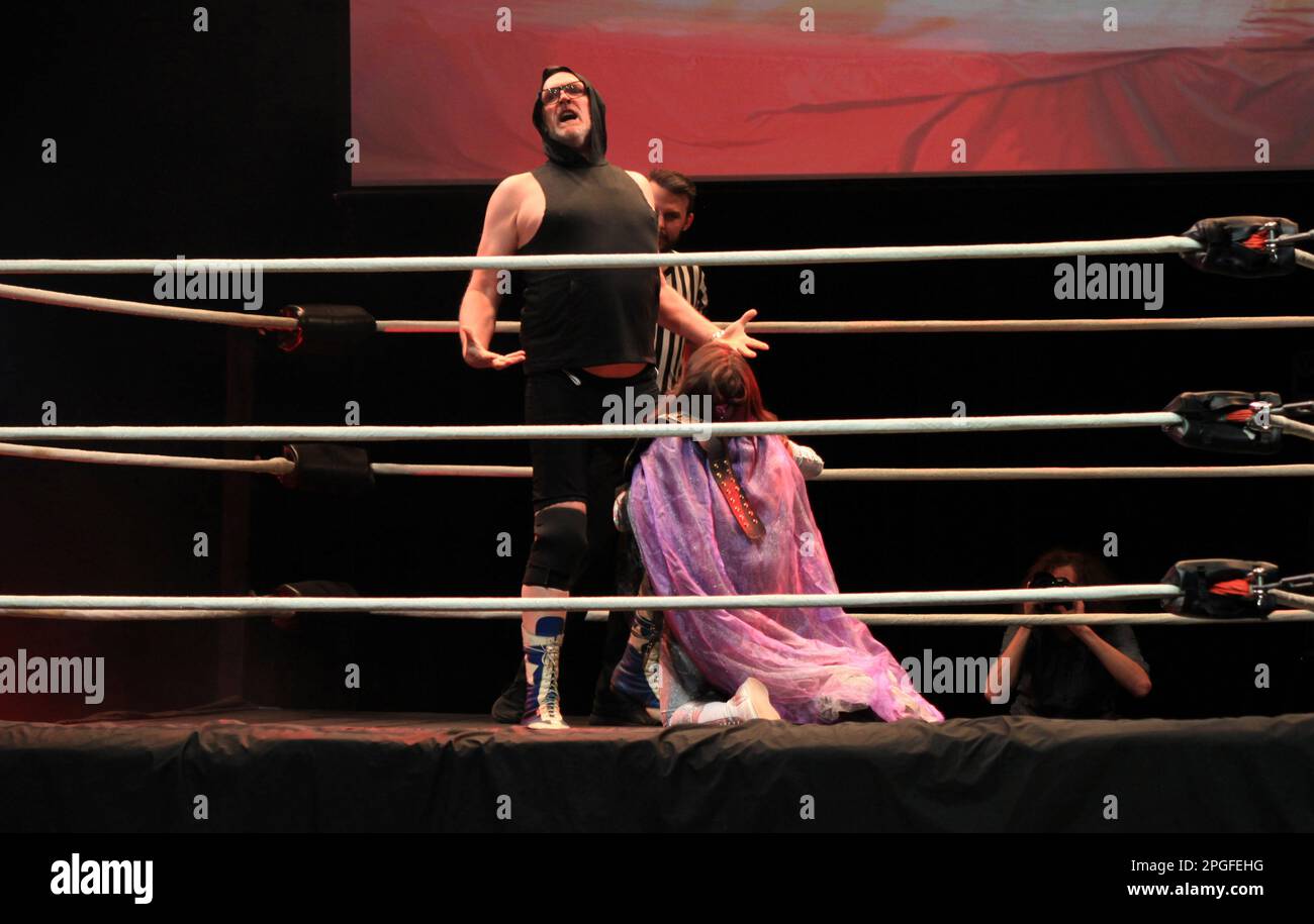 London, UK. Greg Davies and Rosie Jones in Max and Ivan’s The Wrestling ...