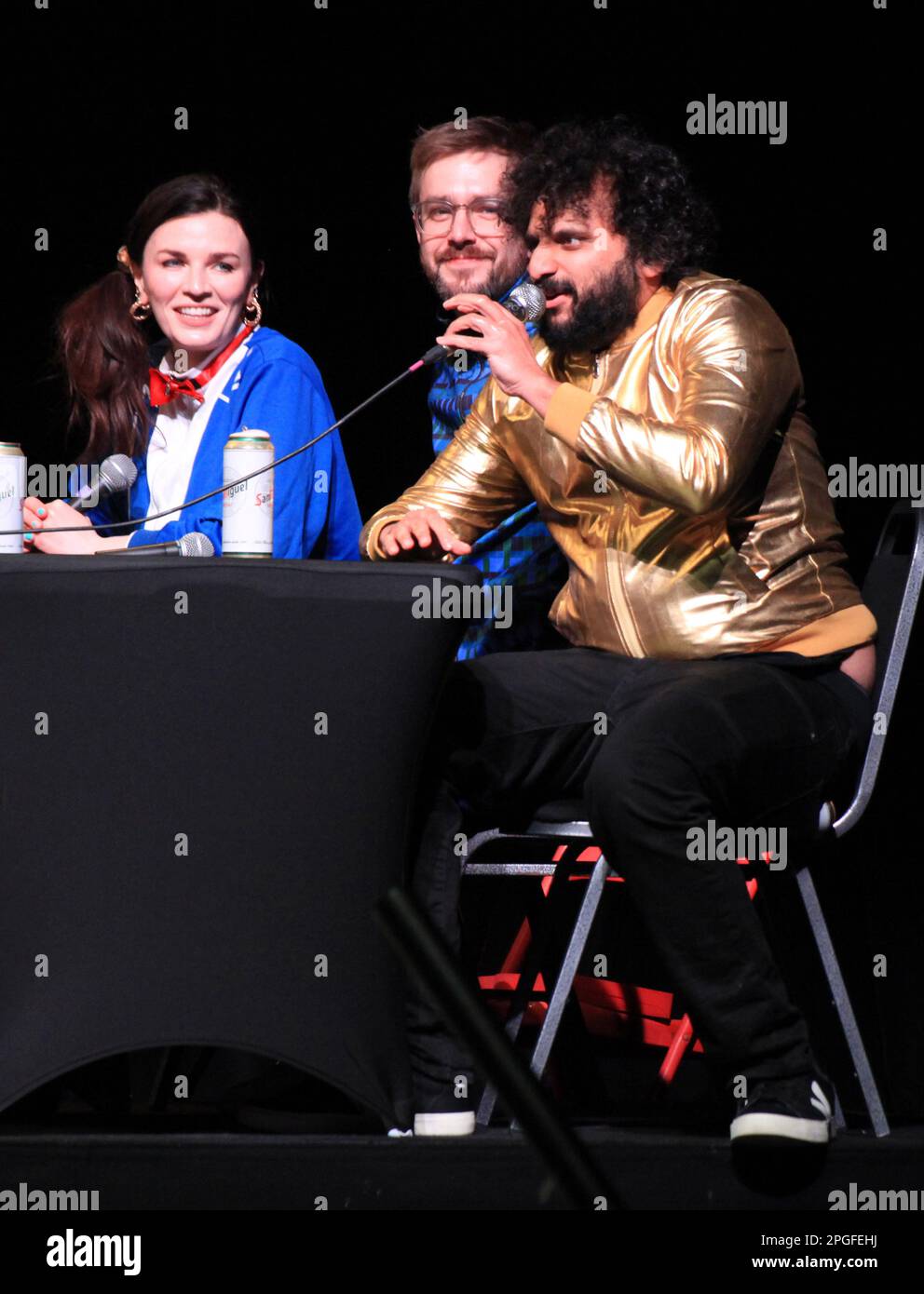 London, UK. Aisling Bea, Iain Stirling and Nish Kumar in Max and Ivan’s ...
