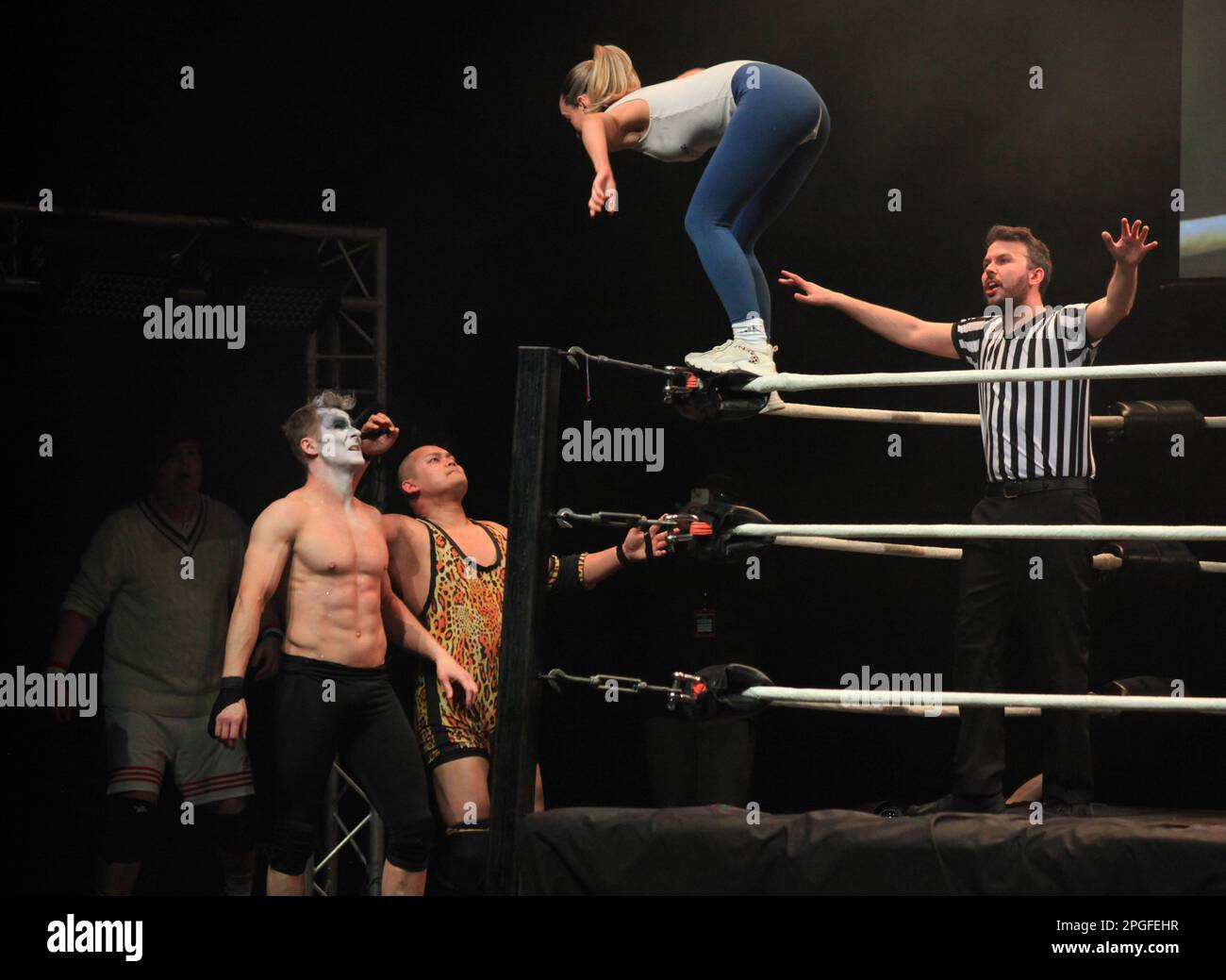 London, UK. Cara Noir (blue face) in Max and Ivan’s The Wrestling. Just ...