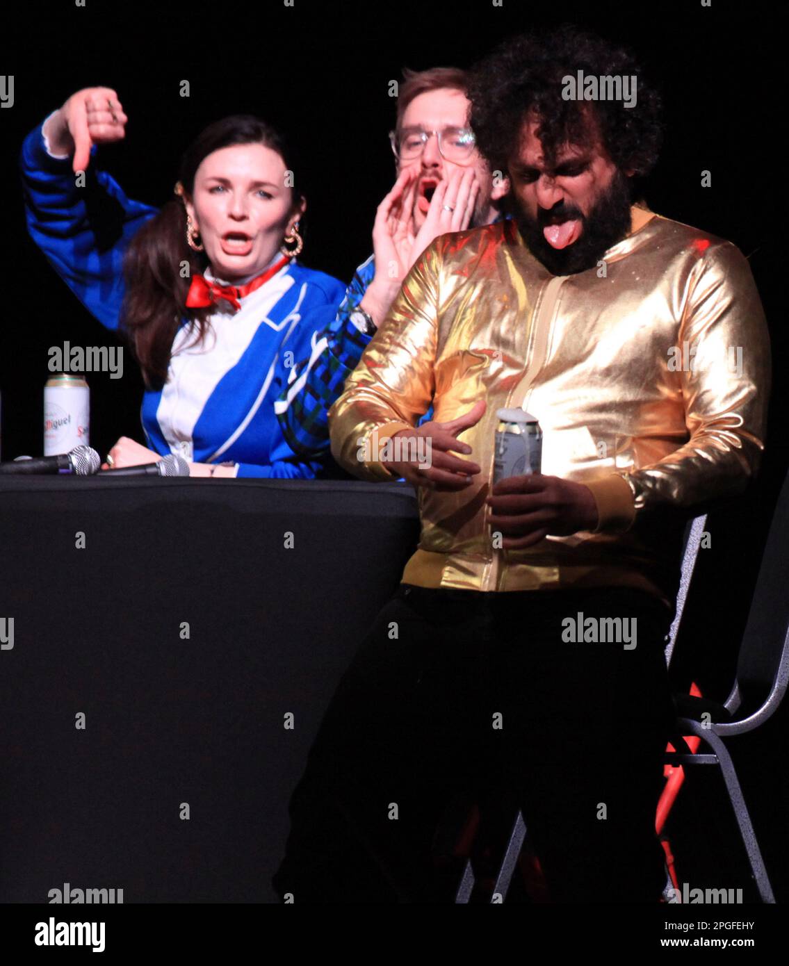 London, UK. Aisling Bea, Iain Stirling and Nish Kumar in Max and Ivan’s ...