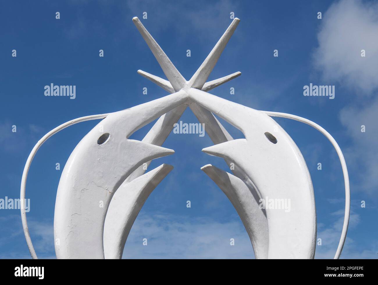 Close up sculpture Unity Monument and fountain Victoria Mahe Seychelles ...