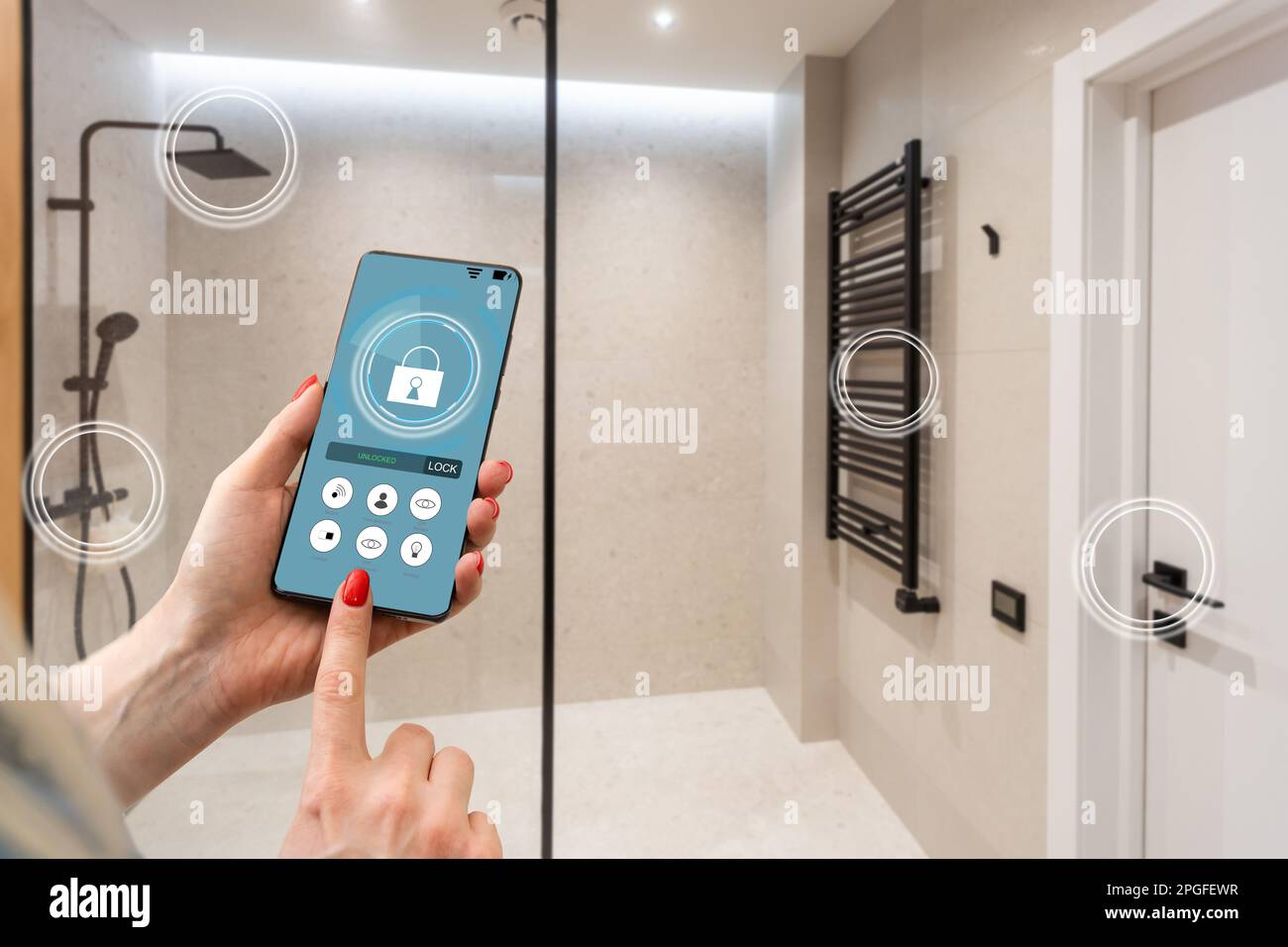 Close up smartphone in female hand with smart home system app interface ...