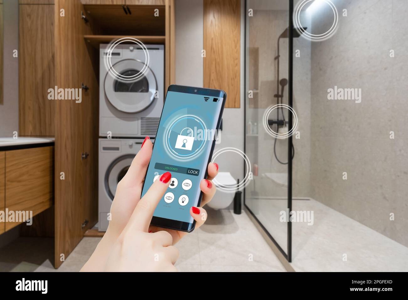 smart house, home automation, device with app icons. woman uses his ...