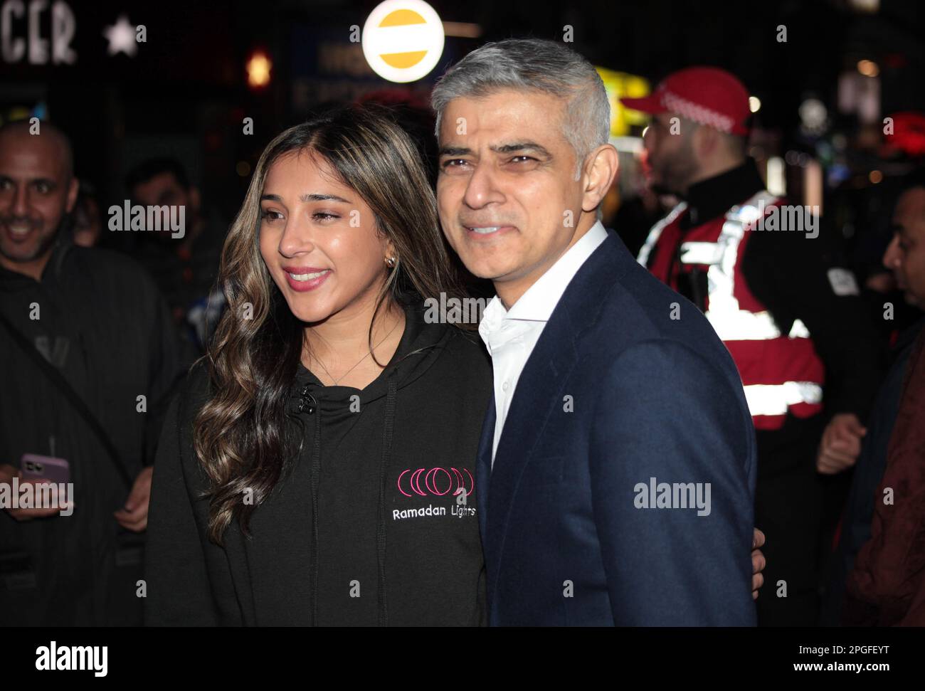 London, UK. Mayor of London Sadiq Khan with Aisha Desai as he turns on ...