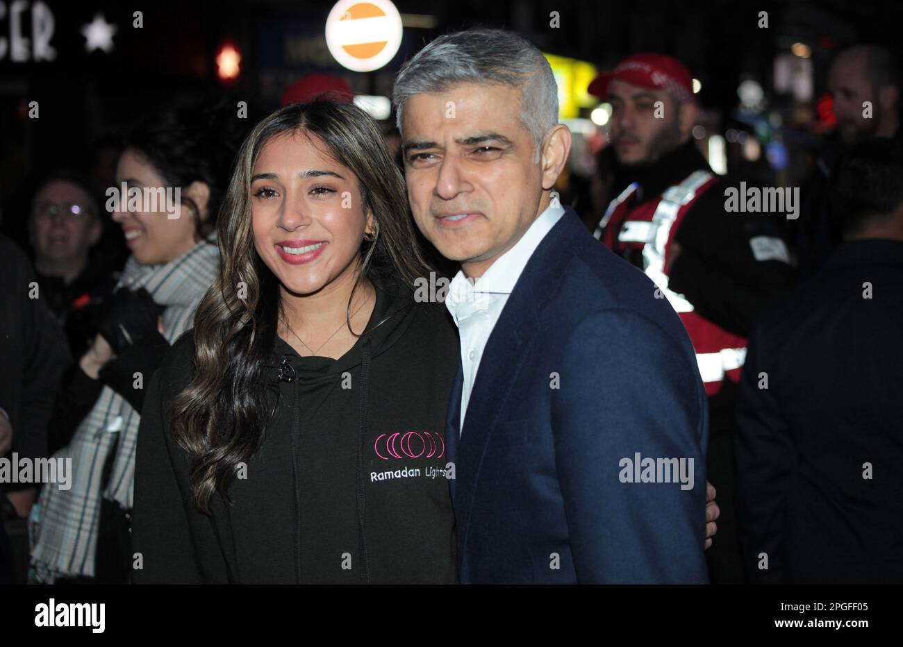 London, UK. Mayor of London Sadiq Khan with Aisha Desai as he turns on ...