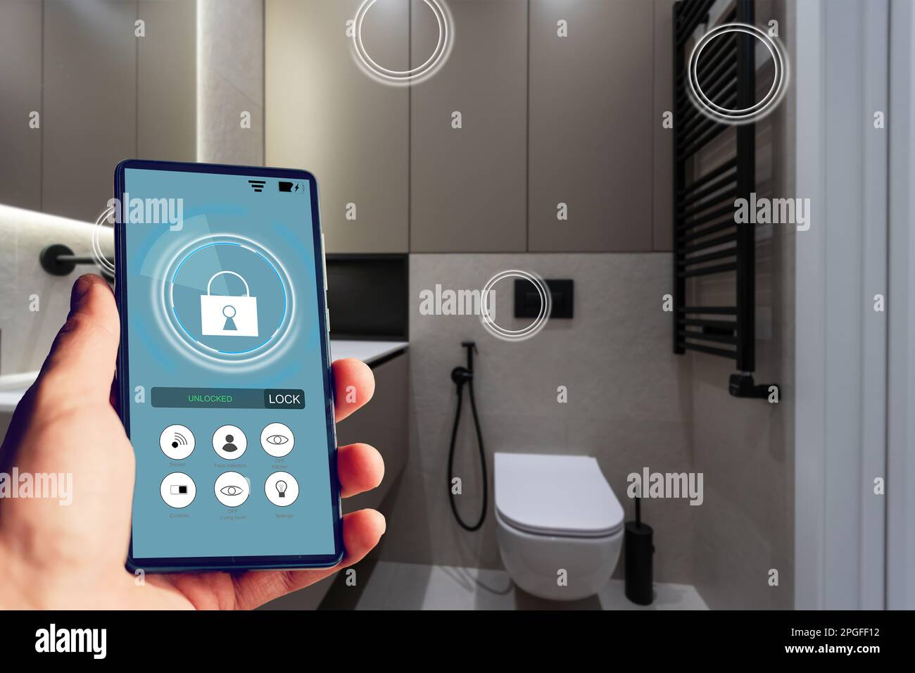 All the house in a phone. Close up of young woman user hands ...