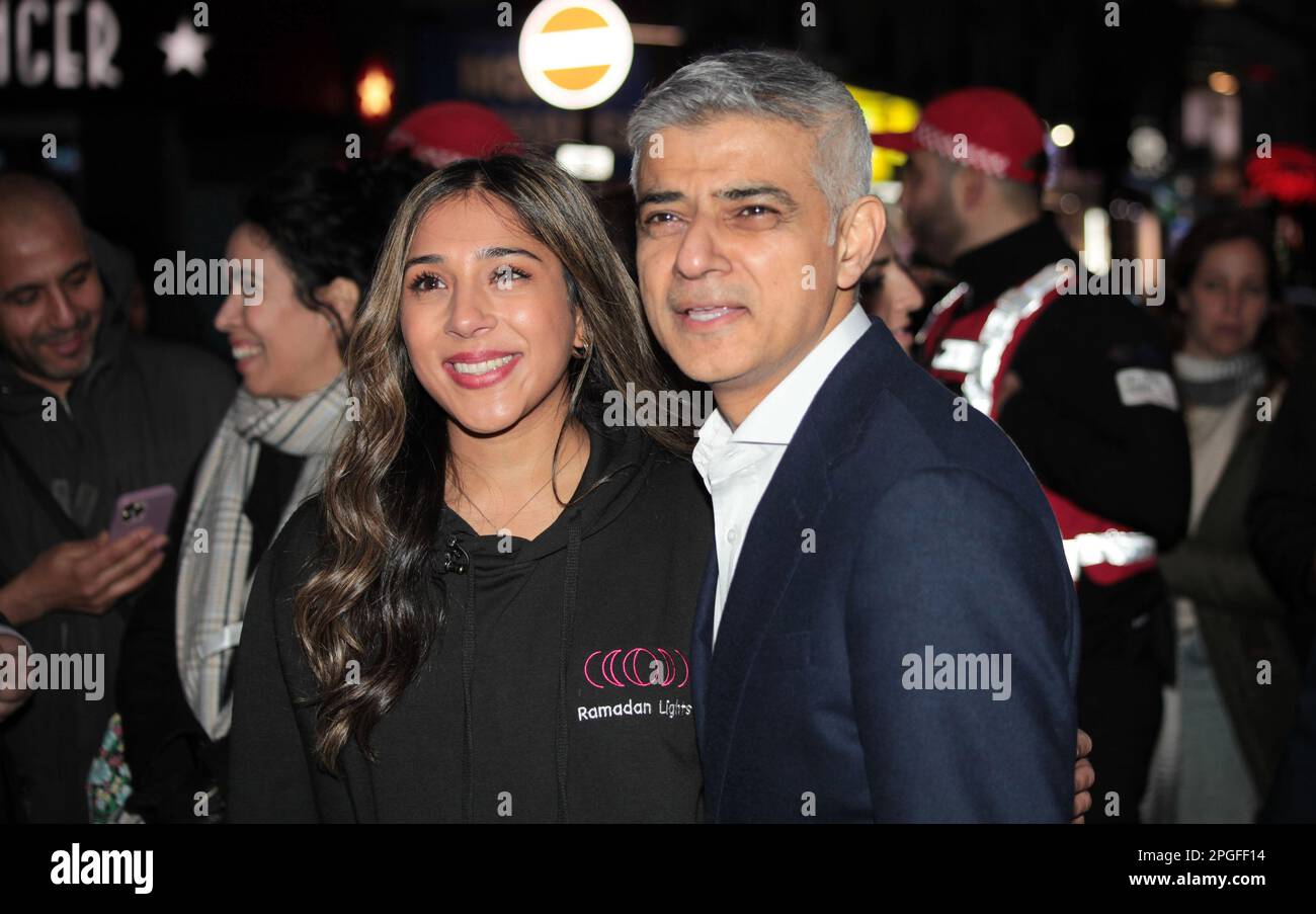 London, UK. Mayor of London Sadiq Khan with Aisha Desai as he turns on ...