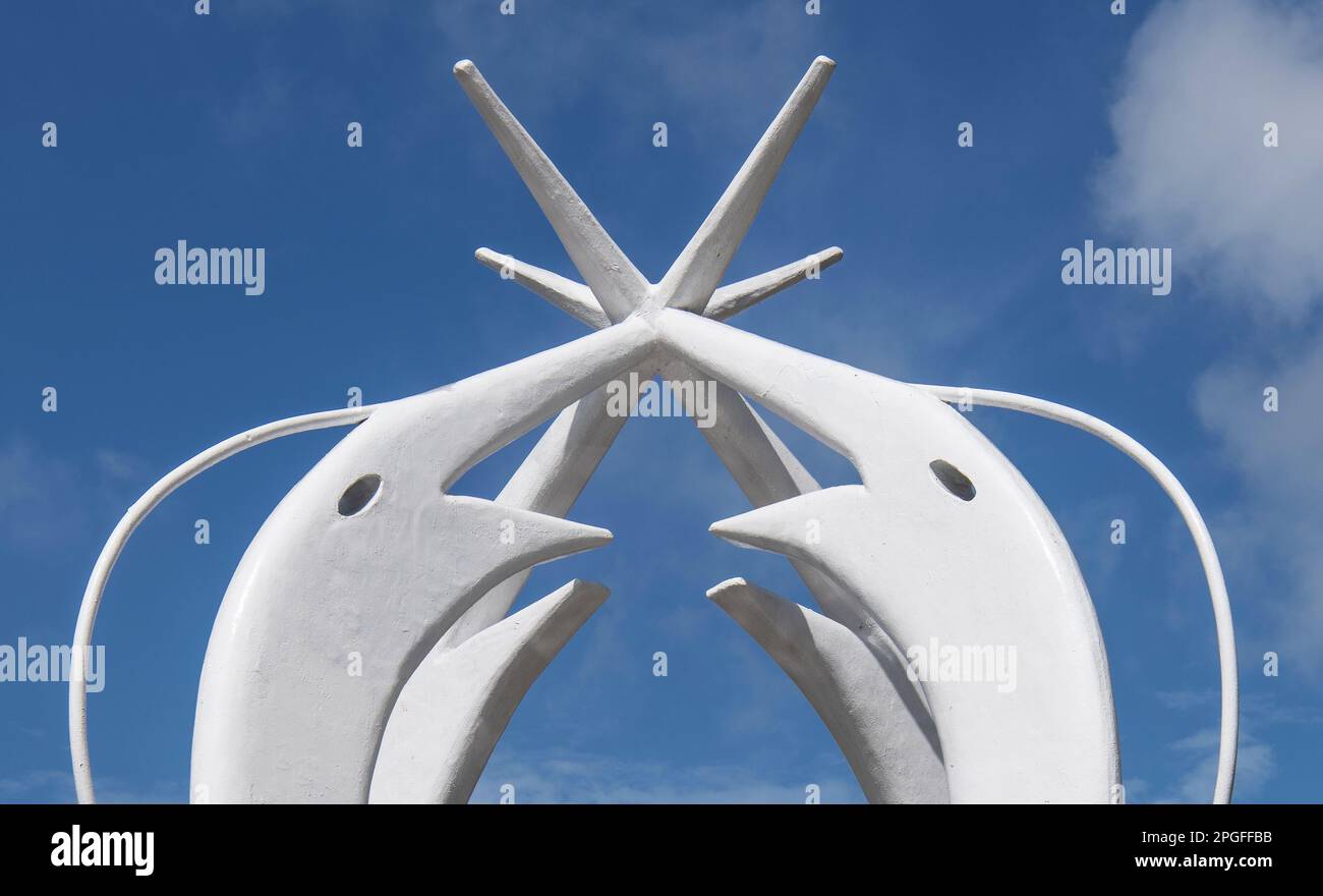 Close up sculpture Unity Monument and fountain Victoria Mahe Seychelles ...