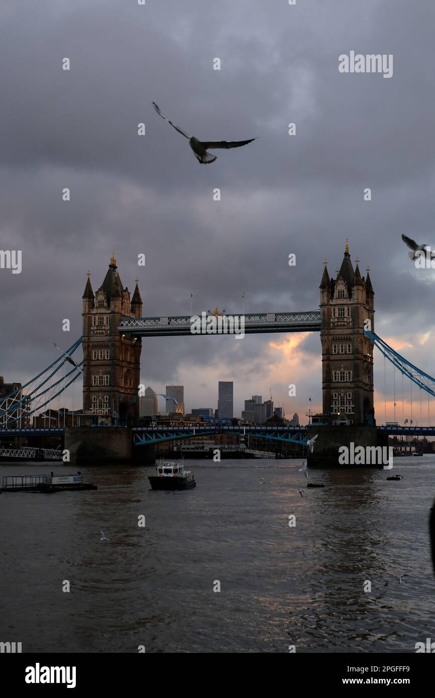 Aerial view of Tower Bridge and the River Thames in London, England ...
