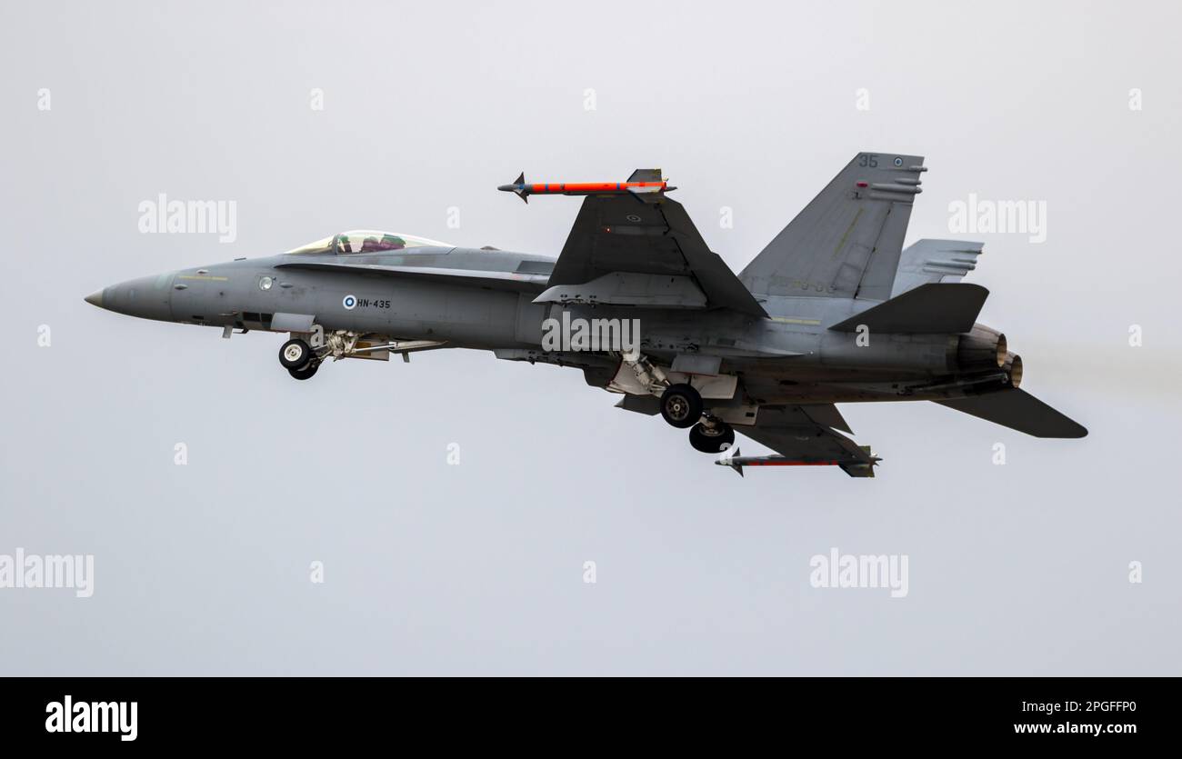 Finnish Air Force Boeing FA-18 Hornet fighter jet taking off from RAF ...