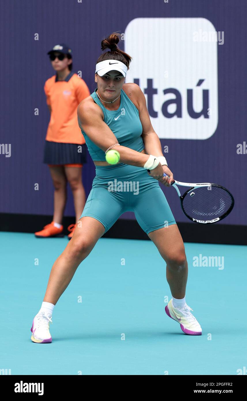 MIAMI GARDENS, FLORIDA - MARCH 22: Bianca Andreescu of Canada defeats Emma Raducanu of Great ...