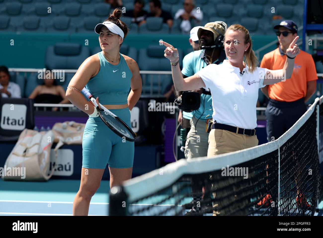MIAMI GARDENS, FLORIDA - MARCH 22: Bianca Andreescu of Canada defeats Emma Raducanu of Great ...