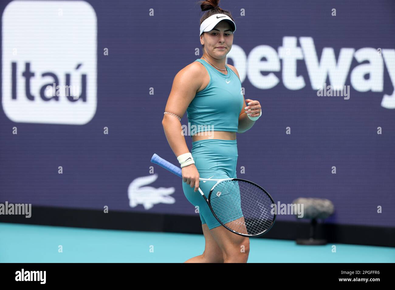 MIAMI GARDENS, FLORIDA - MARCH 22: Bianca Andreescu of Canada defeats Emma Raducanu of Great ...
