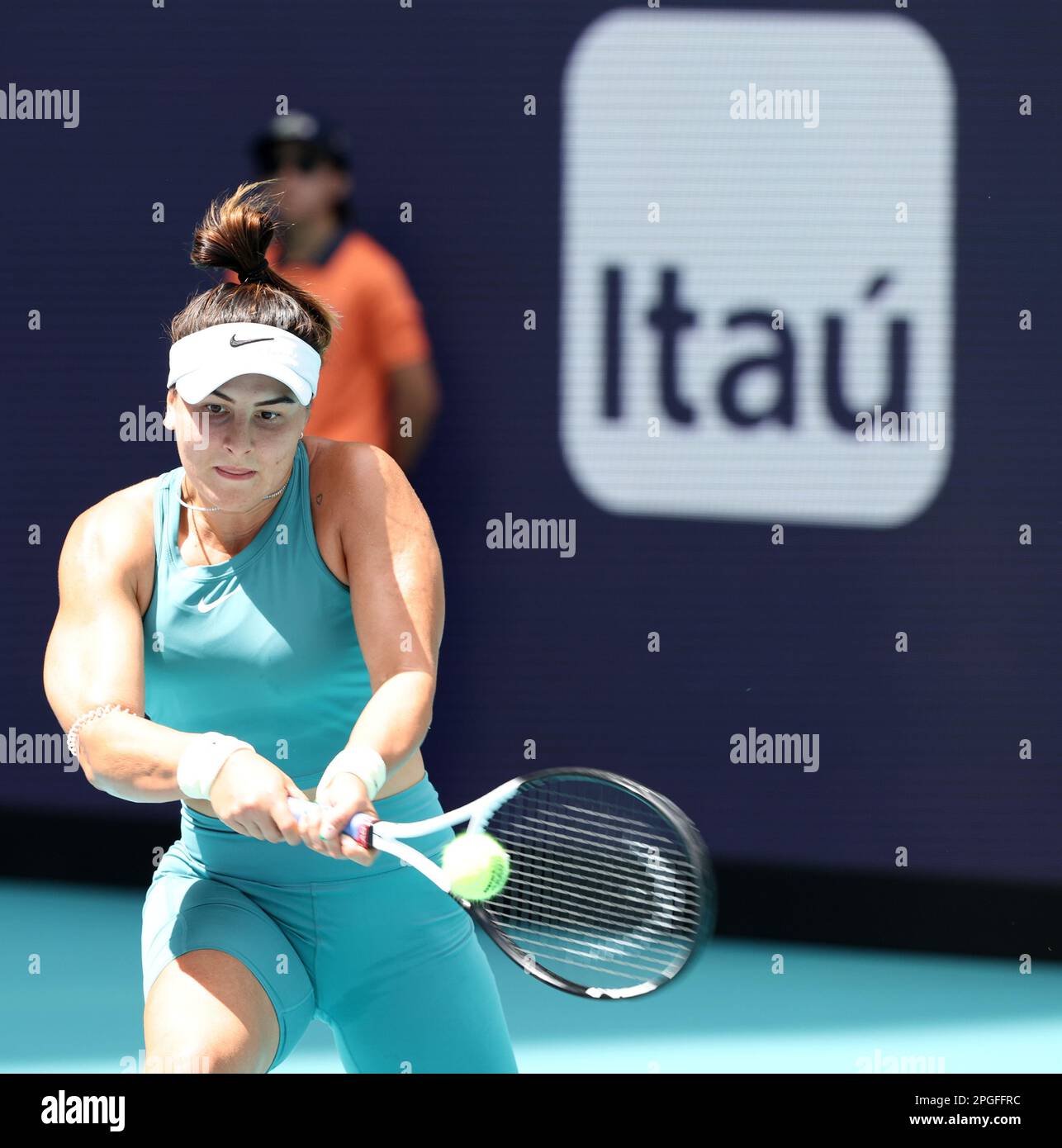 MIAMI GARDENS, FLORIDA - MARCH 22: Bianca Andreescu of Canada defeats Emma Raducanu of Great ...
