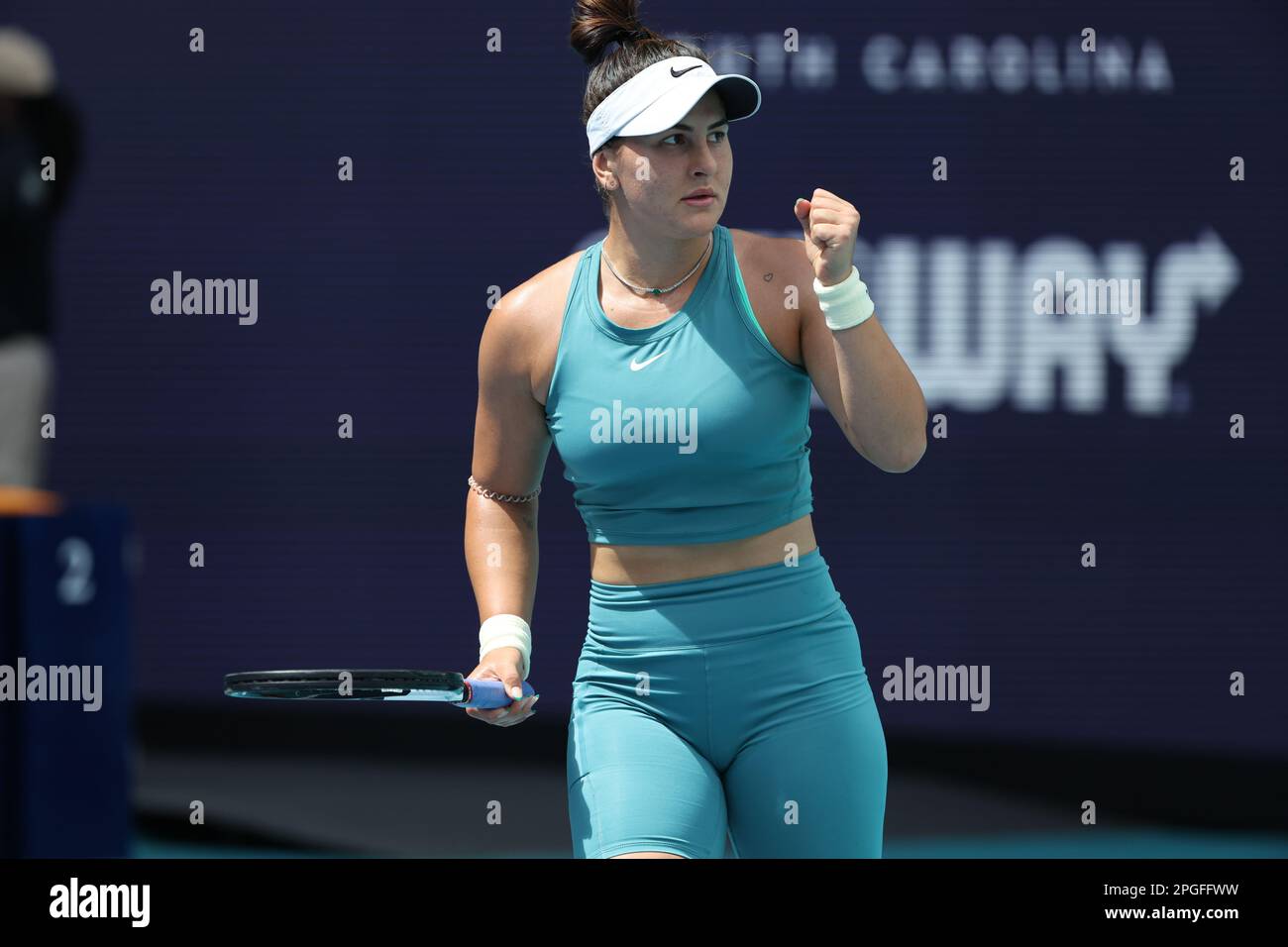 MIAMI GARDENS, FLORIDA - MARCH 22: Bianca Andreescu of Canada defeats Emma Raducanu of Great ...
